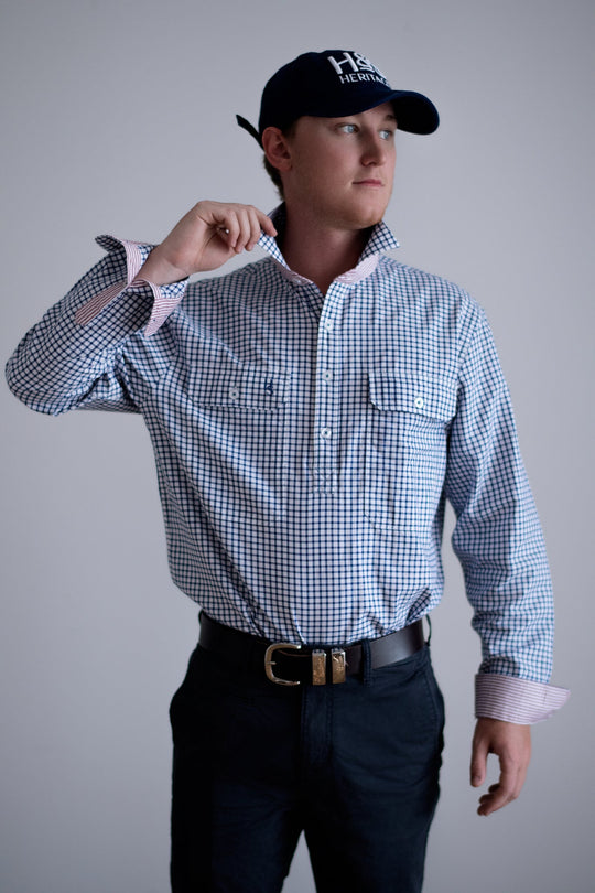 Albie Workshirt in Blue and White Check | H&S Heritage